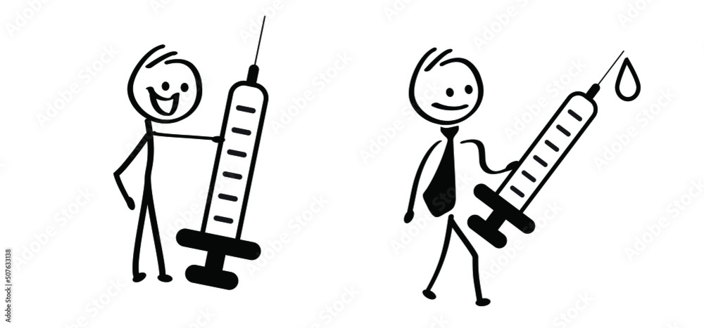 Stickman, stick figure mam with needle. Cartoon vector comic drawing ...