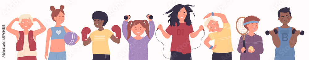 Sport and physical exercises of happy kids set vector illustration ...
