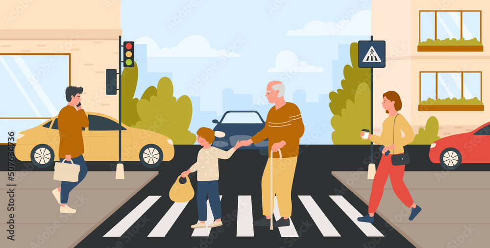 Photo & Art Print Help of kind courteous boy to old man with cane to ...