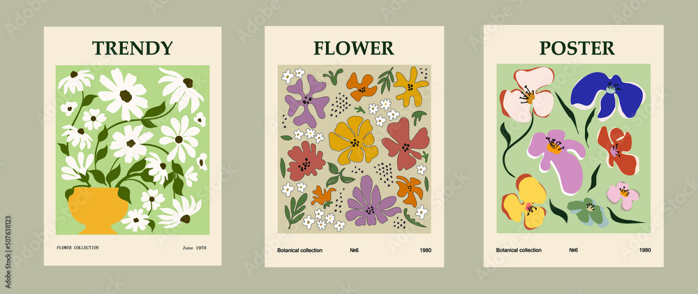 Set of different flower posters. Modern style, trendy pastel colors ...