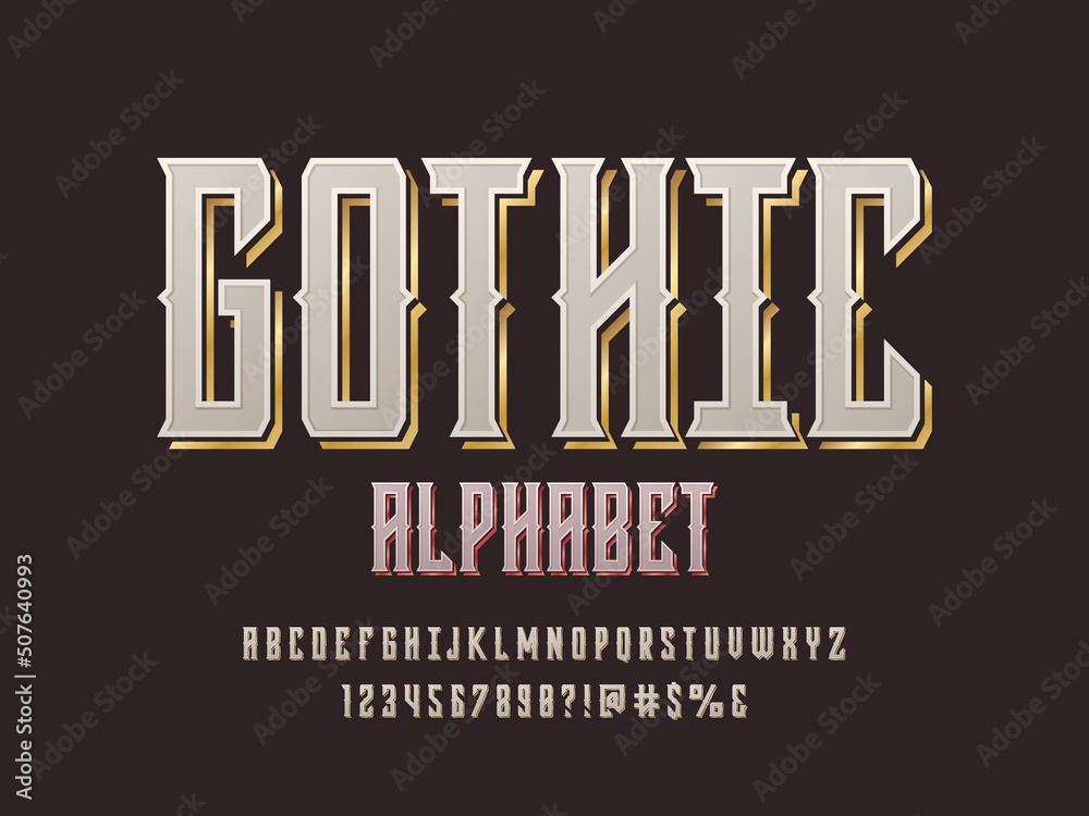 Modern Gothic style alphabet design with uppercase, numbers and symbols ...