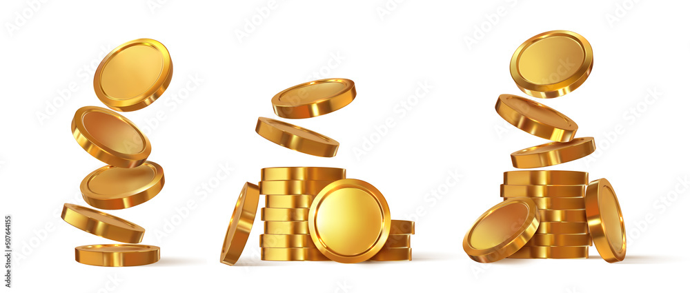 Stacks of gold coins. Isolated on background. Falling treasures ...