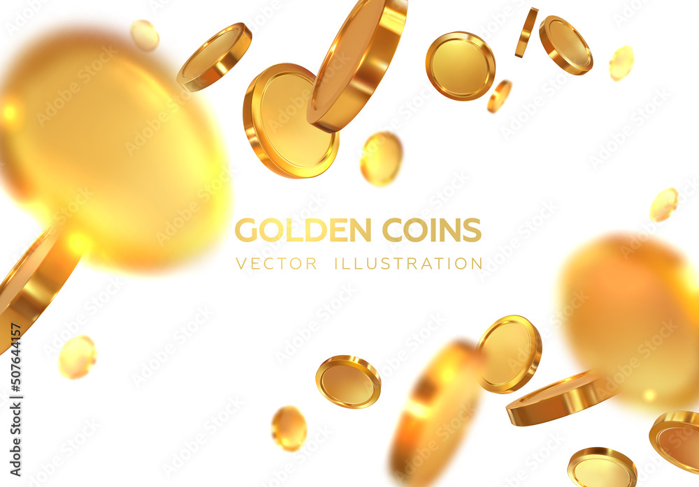 Flying realistic 3d coins. Golden falling coins. Win. Isolated on white ...