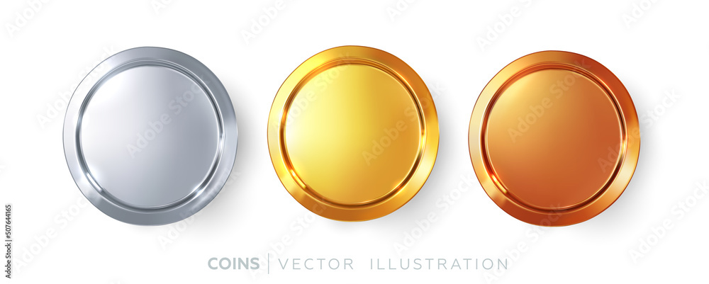 Gold, silver and bronze coins. Prizes and awards. Set of realistic 3d ...