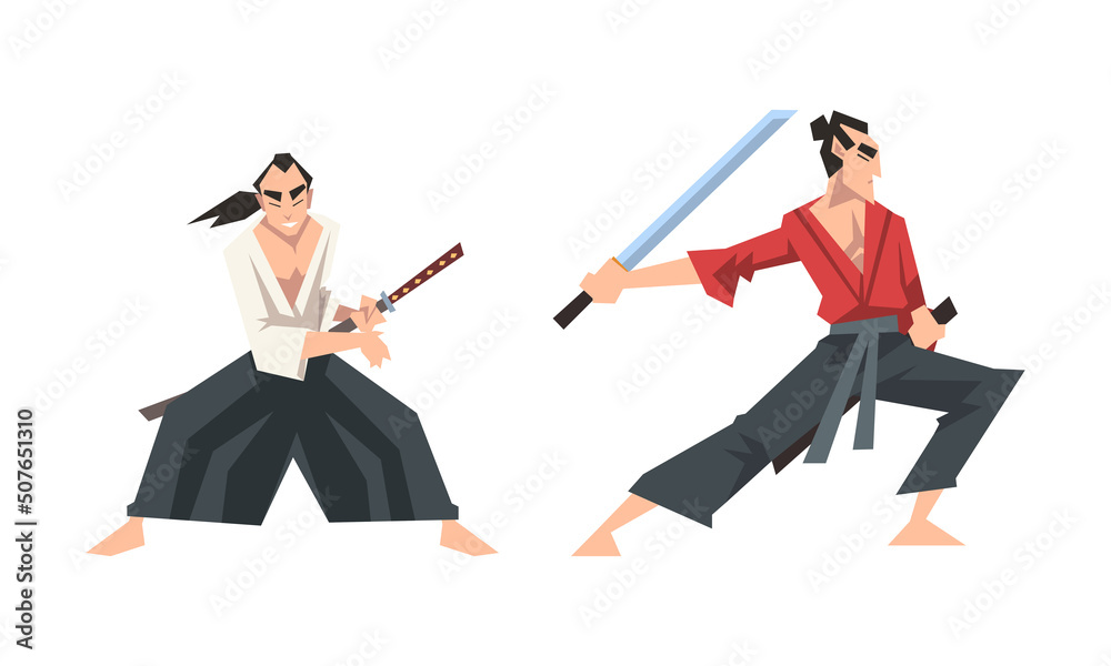 Samurai warriors in action set. Asian fighters fighting with katana ...
