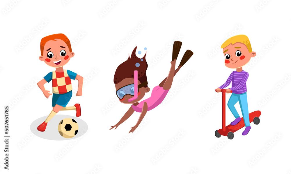 Cute kids doing sports set. Girl and boy playing soccer, swimming ...