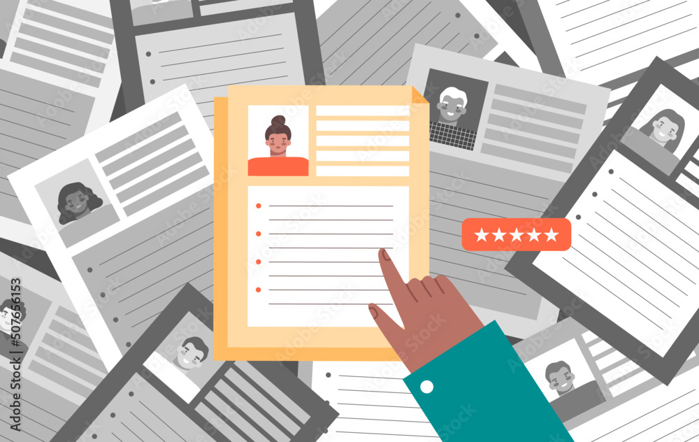 Vetor do Stock: Background with pile of different resume, CV and hand ...