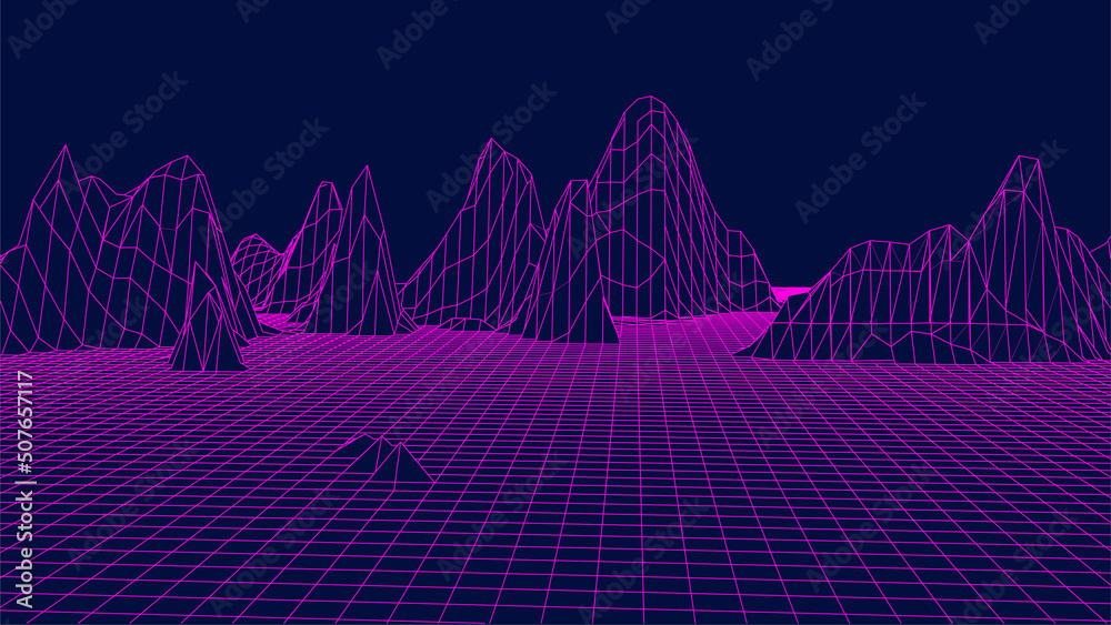 Futuristic wireframe landscape background. Digital retro landscape ...