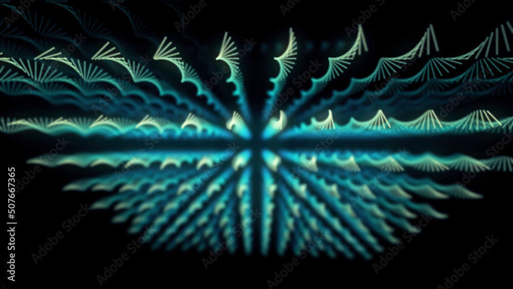 Background of lines extending into depth of black backdrop. Animation. Colored lines create 3D ...