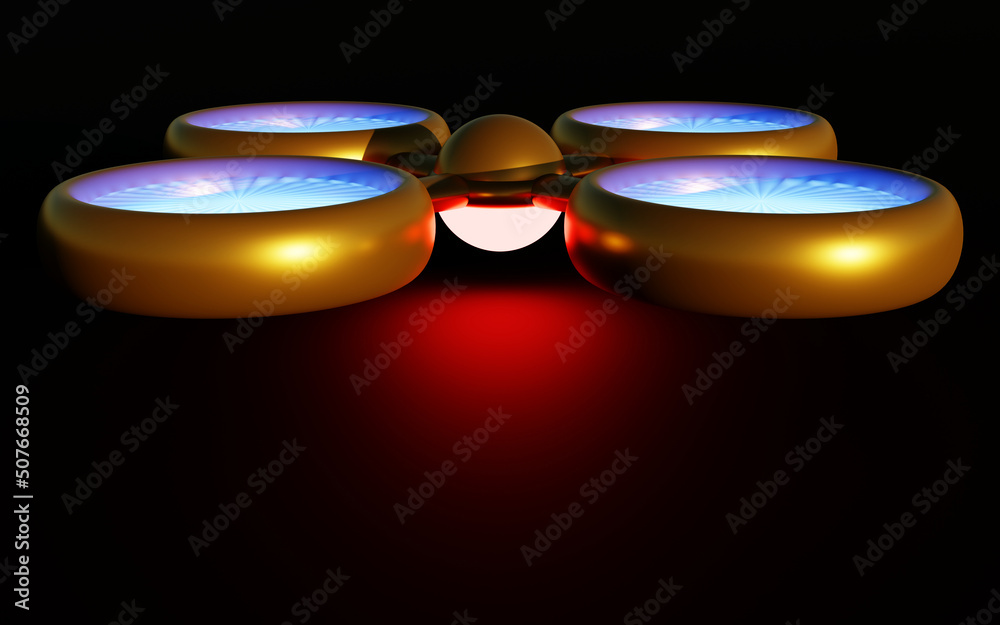 Golden sci-fi drone equipped with four powerful thrusters and a central ...