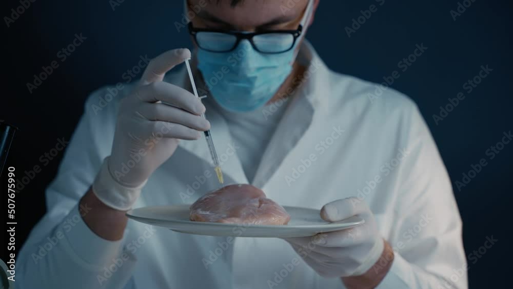Lab worker injecting medication into meat sample. Genetically modified ...