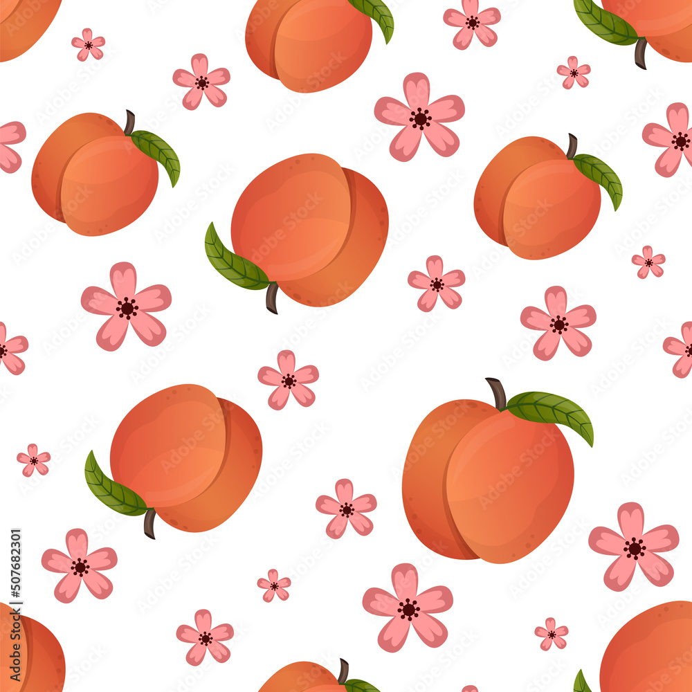 Peach fruit and plants seamless pattern. Peach in cartoon style ...