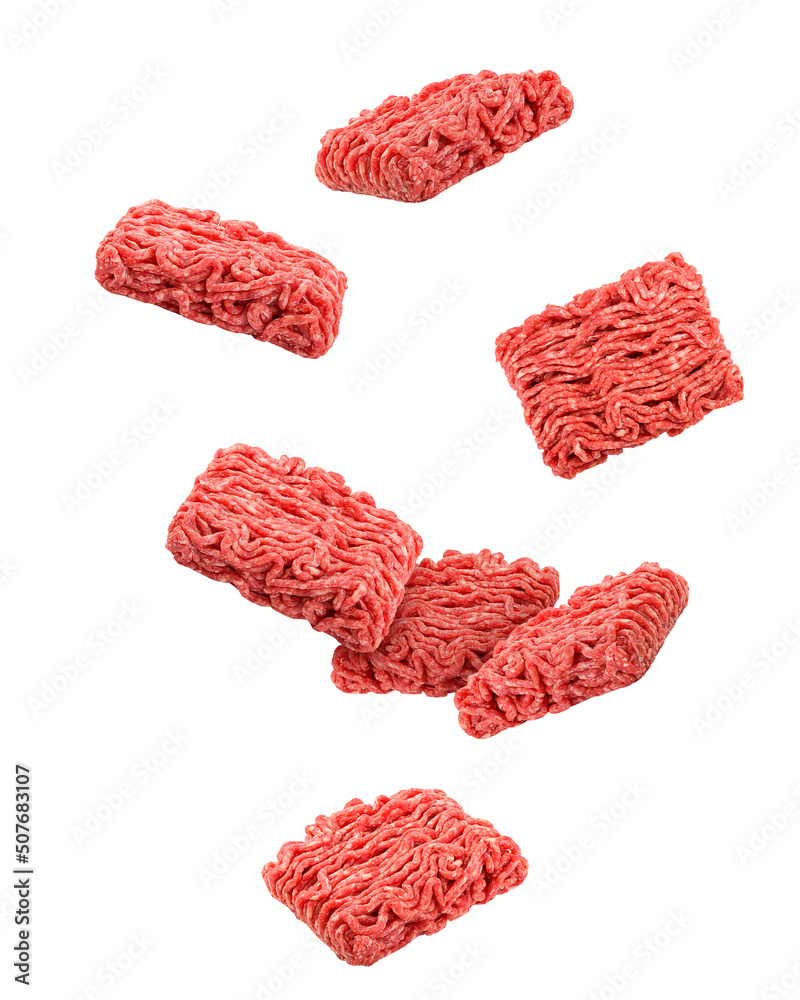 Falling minced meat, pork, beef, forcemeat, clipping path, isolated on ...