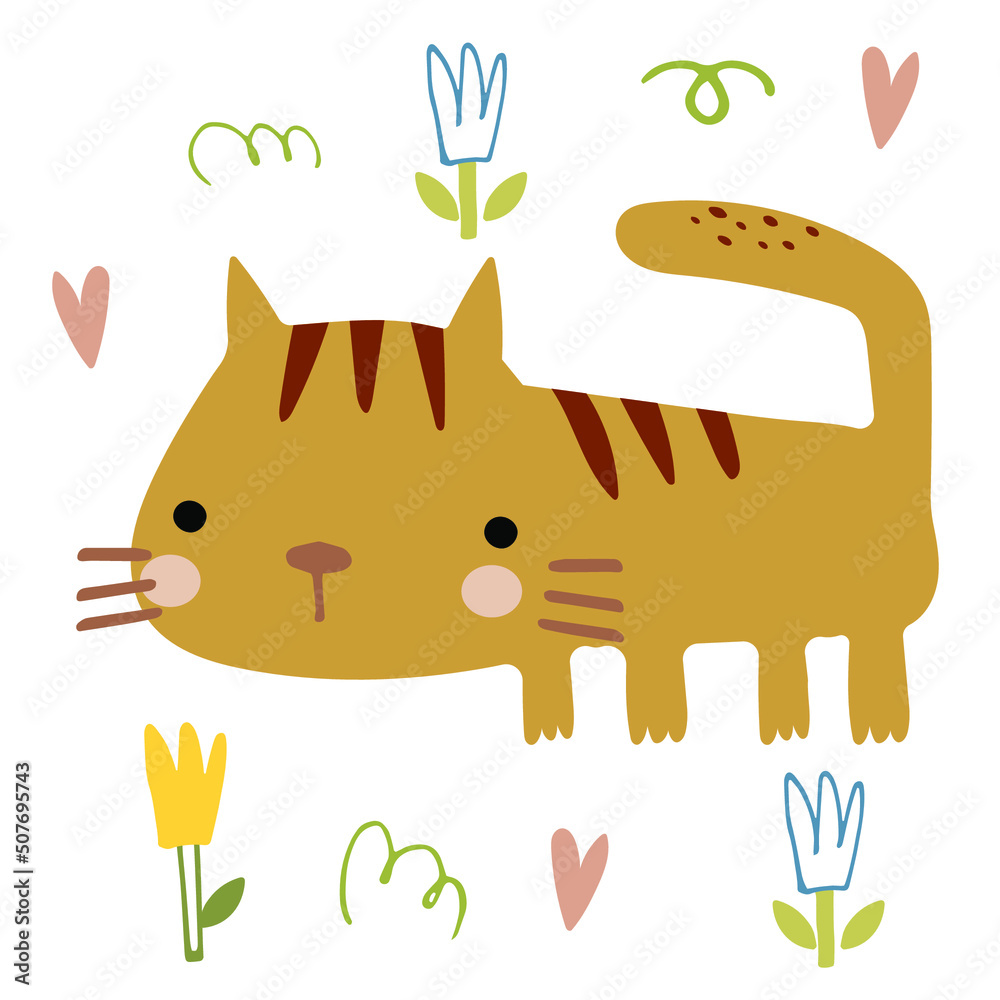 cute Cat with flowers. vector illustration of a tabby Cat standing on a ...