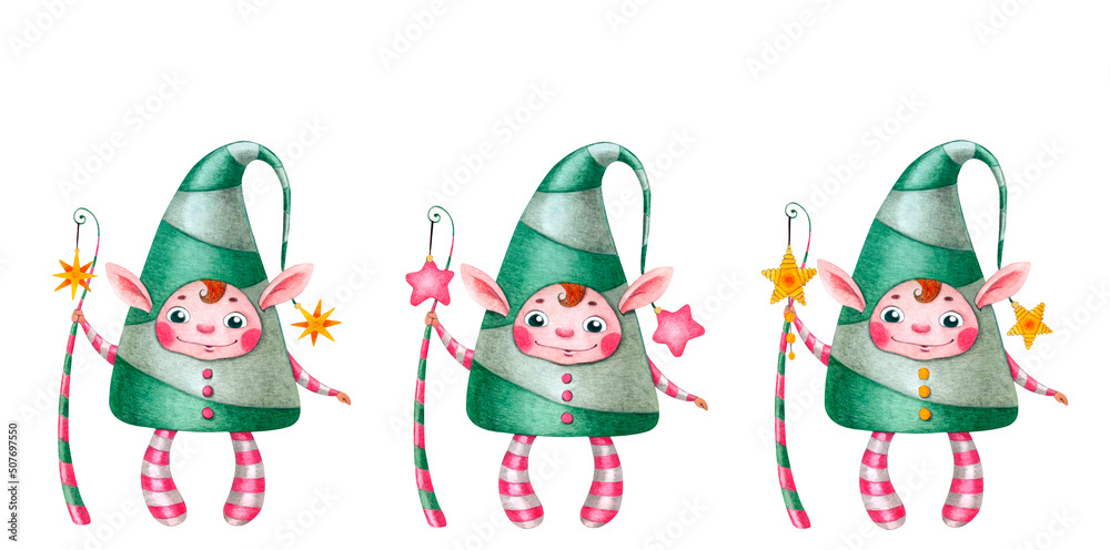 Cute Christmas elves with a staff and stars in a green suit. Watercolor ...