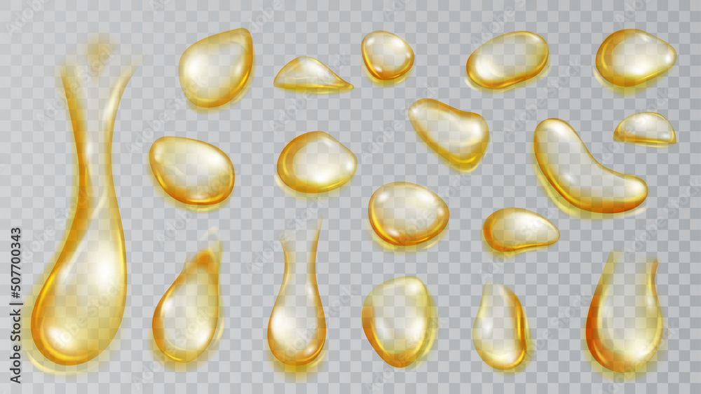 Set of realistic translucent water drops in yellow colors in various ...