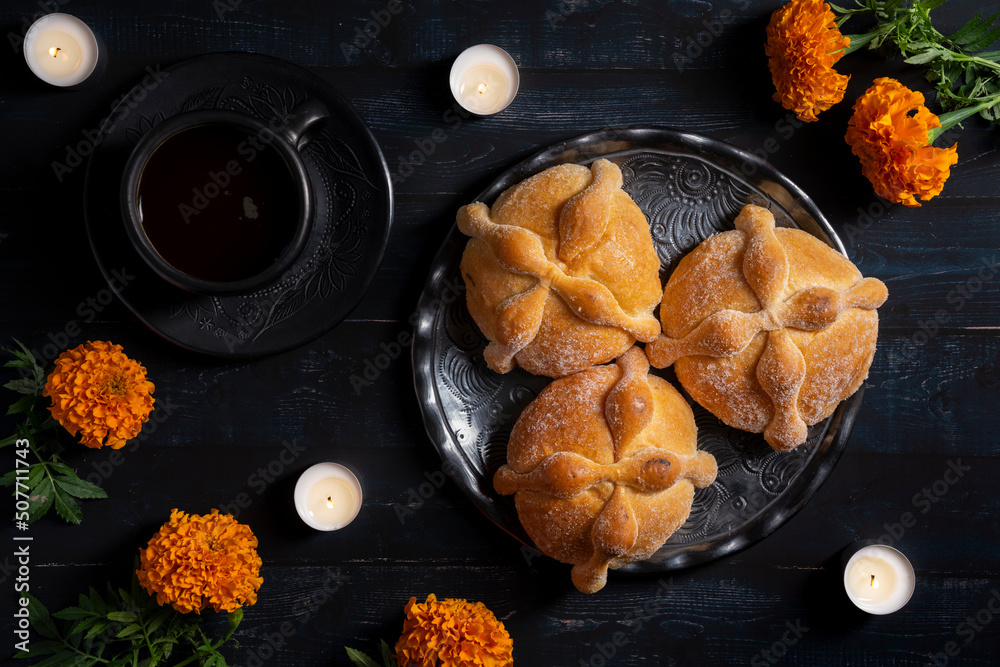 Traditional Mexican bread of the dead also known as "Pan de Muerto" on ...