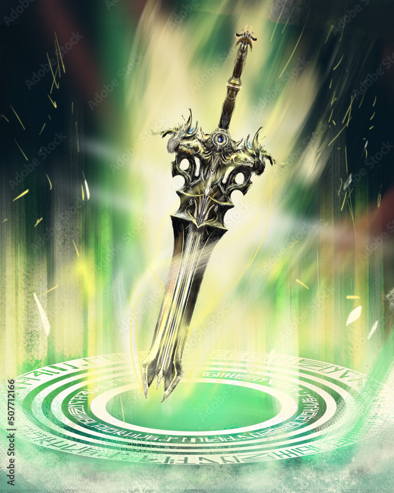 Heavy two-handed legendary sword in a magic circle emits light, Digital ...