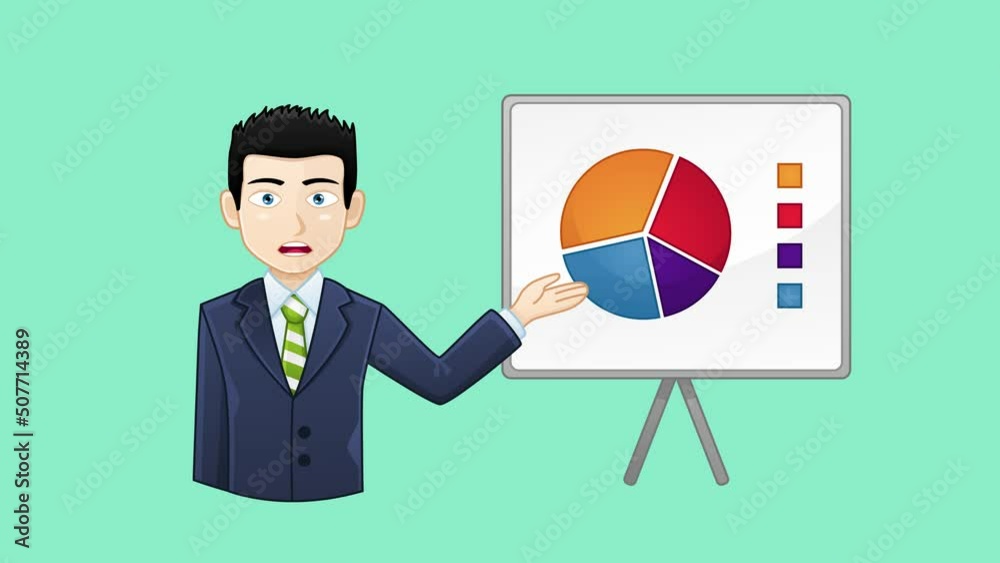 Animation of businessman avatar in front of flip chart, showing data ...