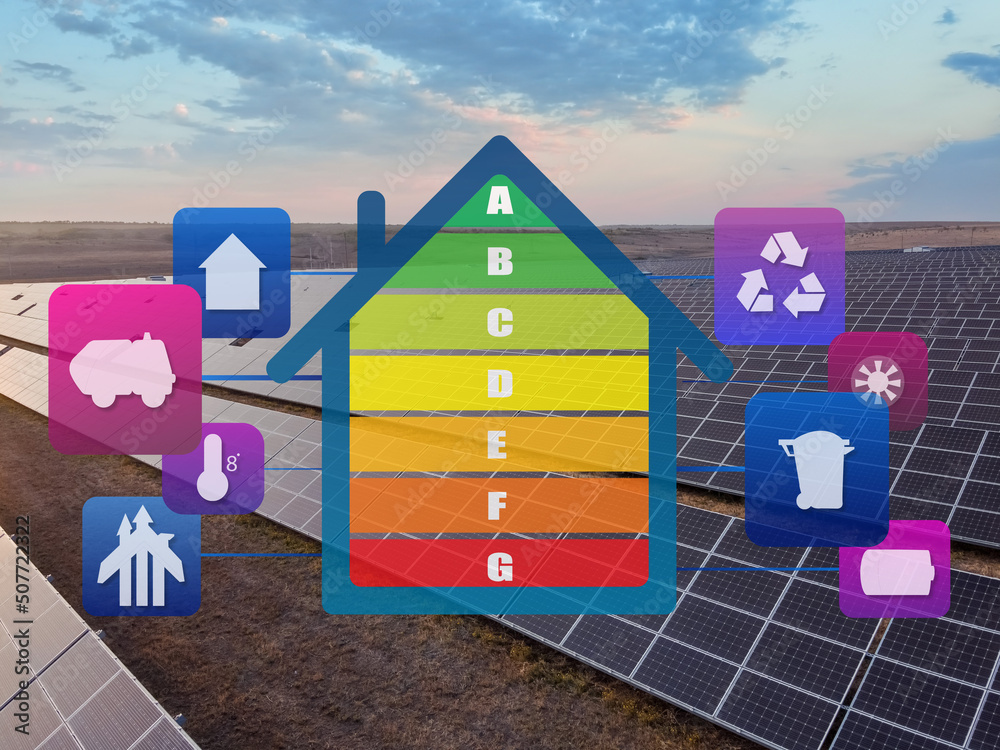 Modern solar power plant and figure of house with energy efficiency ...