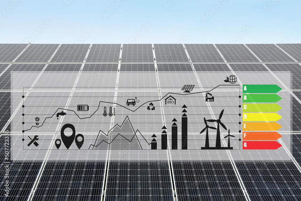 Solar panels and virtual screen with energy efficiency rating outdoors ...