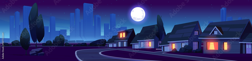 Suburb district with houses and skyscrapers on horizon at night. Summer ...