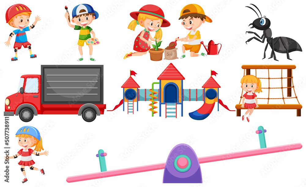 Set of cute kids and objects Stock Vector | Adobe Stock