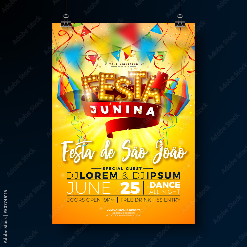 Festa Junina Party Flyer Illustration with Paper Lantern and Retro ...