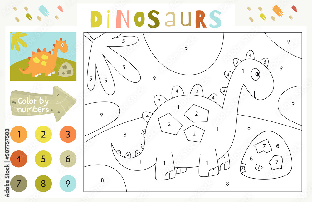 Dinosaurs activities for kids. Color by numbers – cute little dinosaur ...