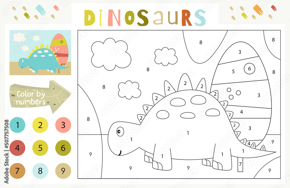 Dinosaurs activities for kids. Color by numbers – funny little dinosaur ...