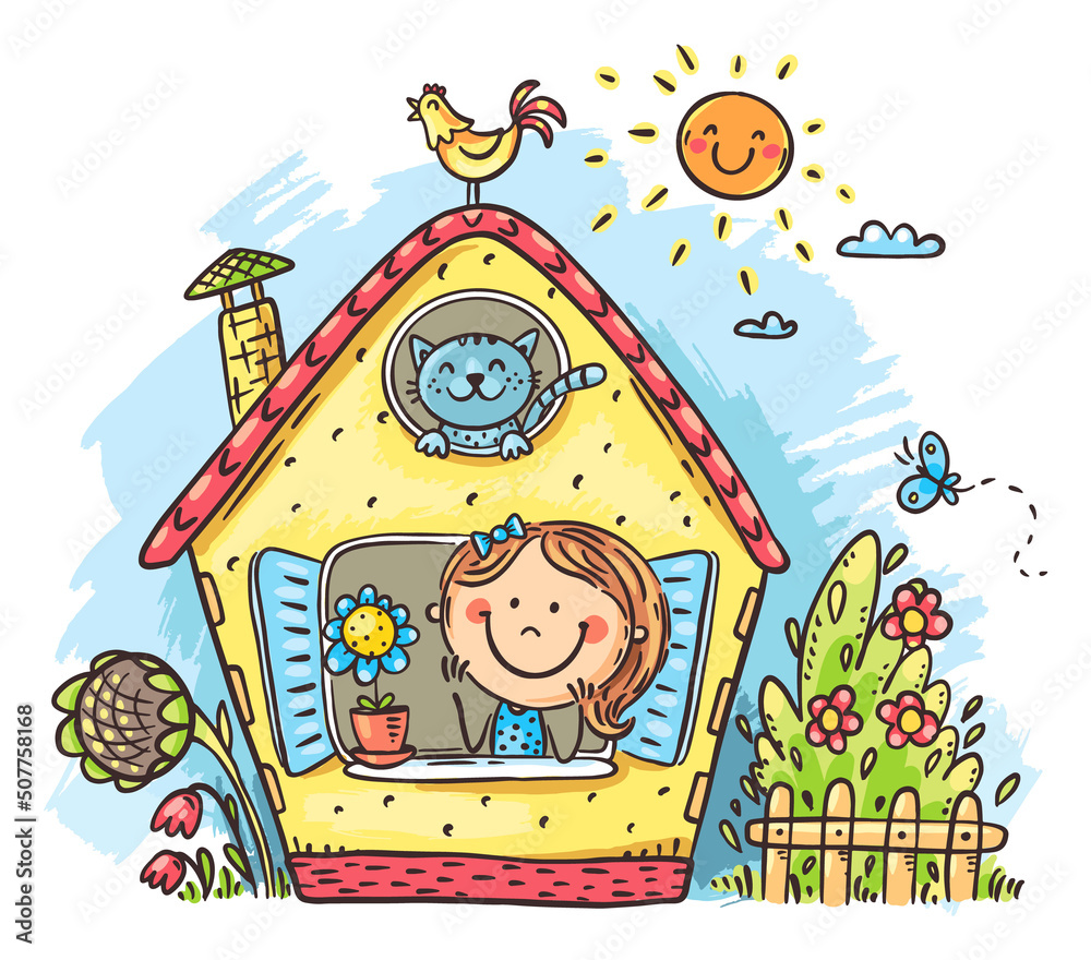 Cartoon cute girl looking out the window at home Stock Vector | Adobe Stock