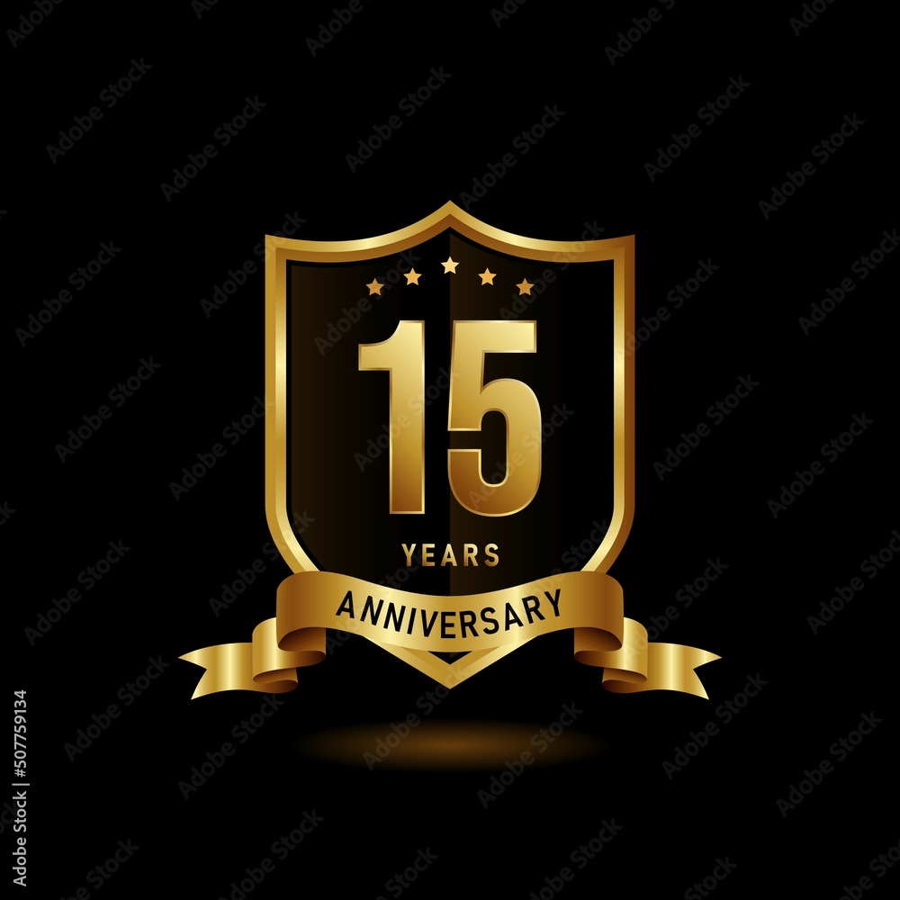 15 years anniversary logo with golden shield and ribbon for booklet ...