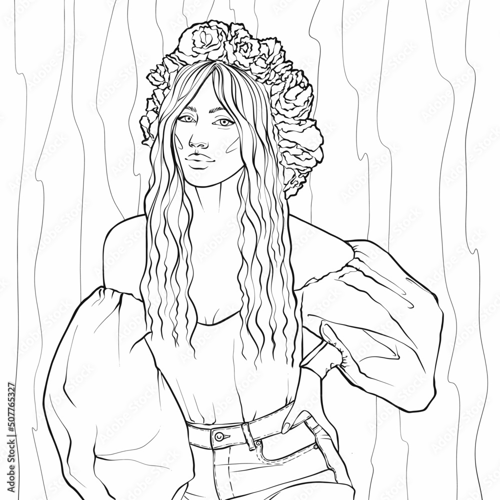 Beautiful Ukrainian girl, line art for Adult Coloring. coloring page ...