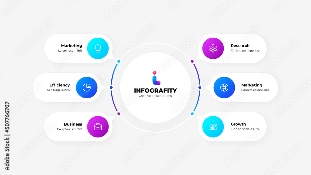Flow chart infographic business template. Central circle with six ...