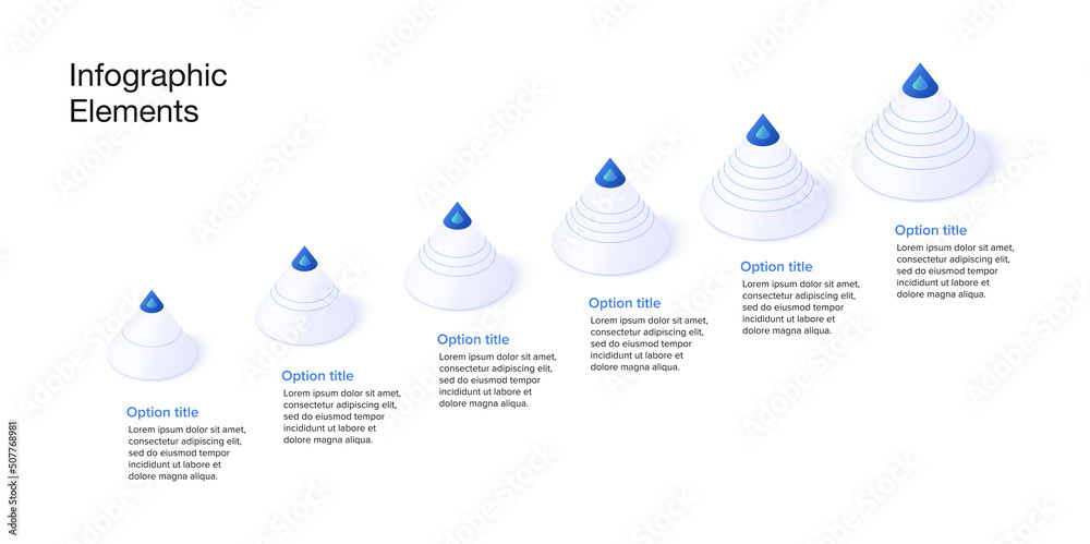 Business process chart infographics with 6 step cones. Cubic corporate ...