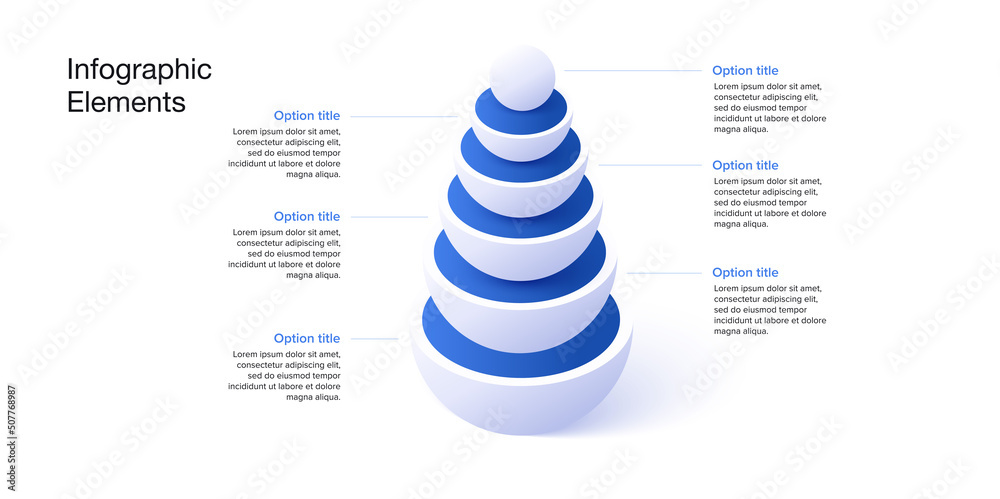 Business process chart infographics with 6 step spheres. Pyramid ...