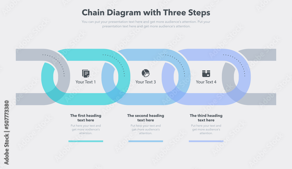 Chain diagram with 3 colorful process stages. Flat design, easy to use ...