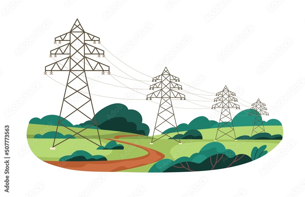 Fototapeta Electric power lines with overhead high voltage cables and ... Fototapeta Electric power lines with overhead high voltage cables and ...