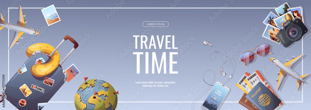 Banner for travel, tourism, adventure, journey. Suitcase, airplane and ...