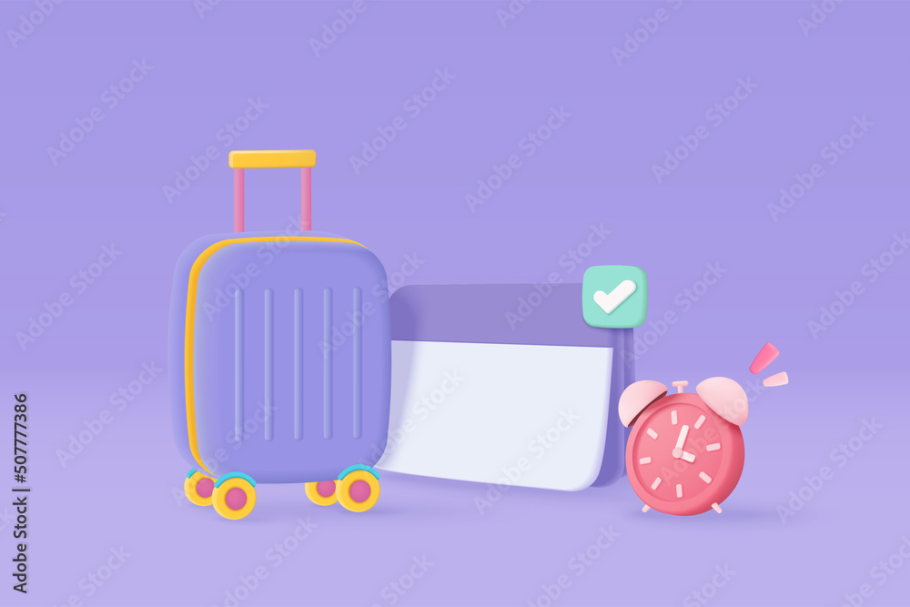 3D reminder in calendar with suitcase for travel tourism trip planning ...