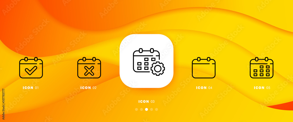 Calendar set icon. Date, schedule, assign, gear, settings, tick and ...