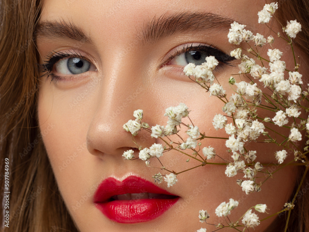Beauty Face Beautiful Woman With Sexy Full Red Lips Closeup Portrait