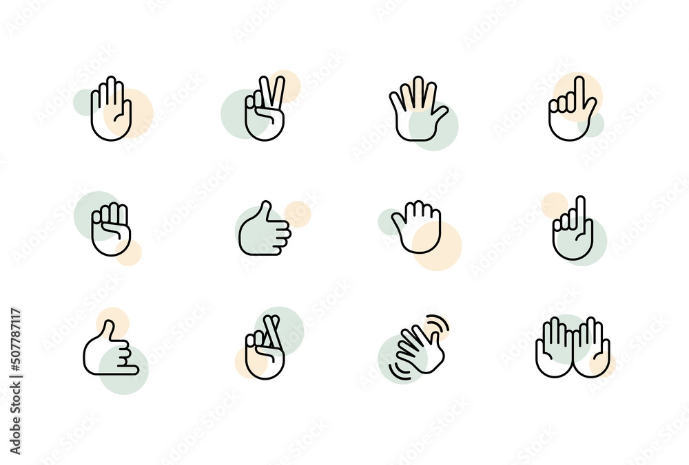 Hand gestures set icon. Stop, two, win, high five, point, index, fist ...