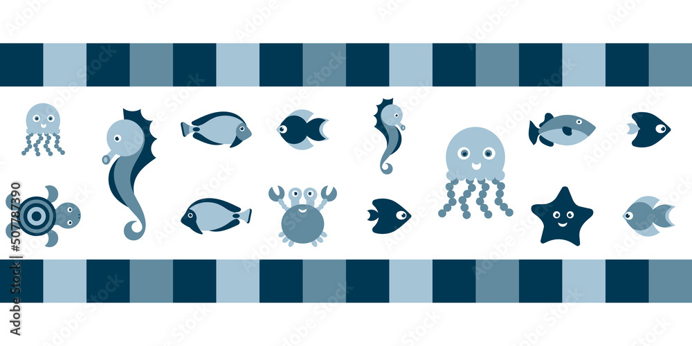 Underwater Geometric mosaic seamless border, Neo geo style. Under water ...