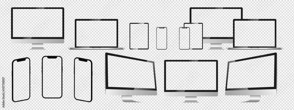 Realistic mock up set computer, laptop, tablet and phone. Device screen ...