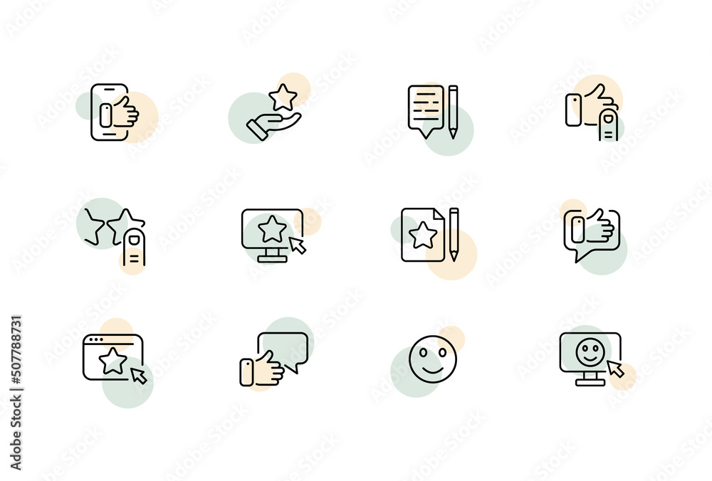 Reward set icon. Phone, like, thumbs up, comment, note, review, star ...