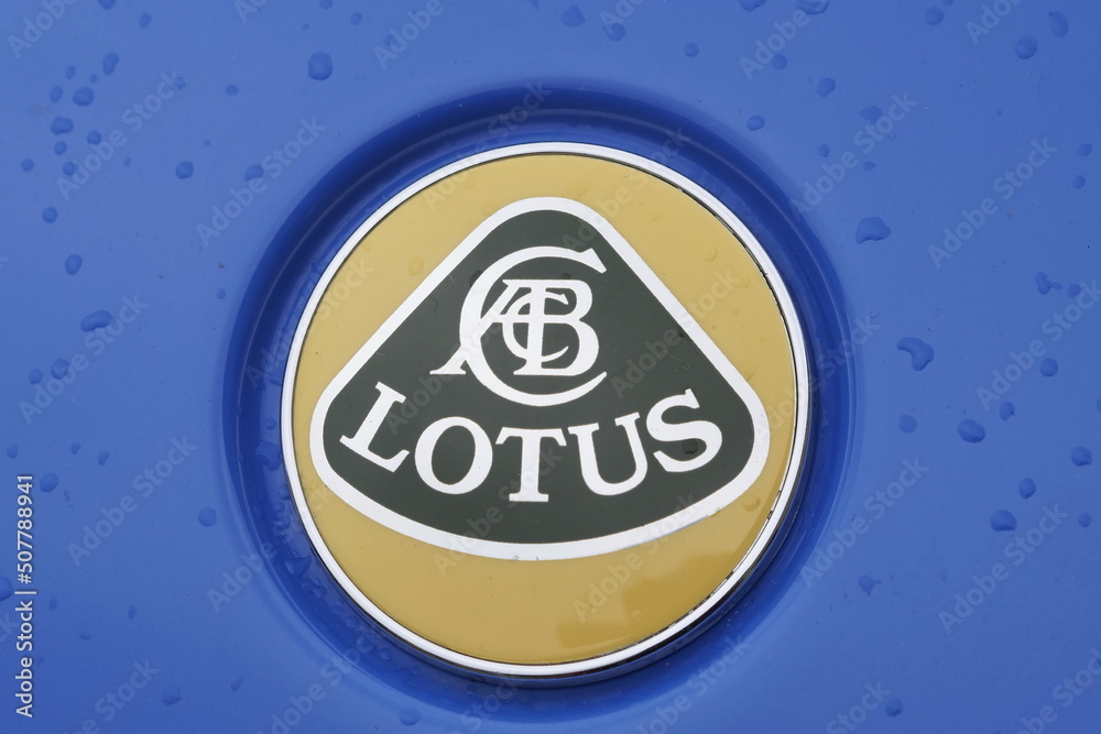 Lotus vintage sports car logo brand text on racing car exposed in the ...