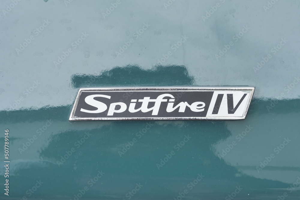 Spitfire vintage sports car logo brand text on racing car exposed ...