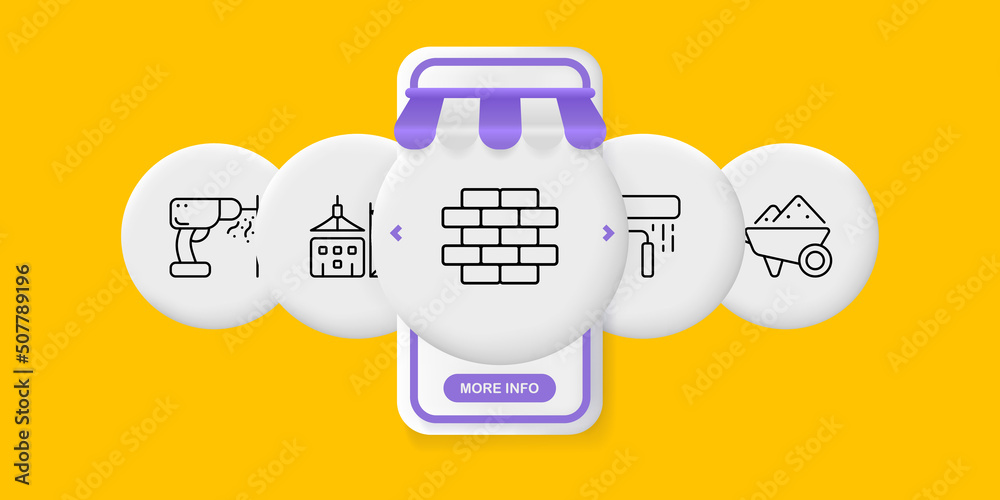 Build a house set icon. Wall, brick, masonry, drill, lift load, paint ...