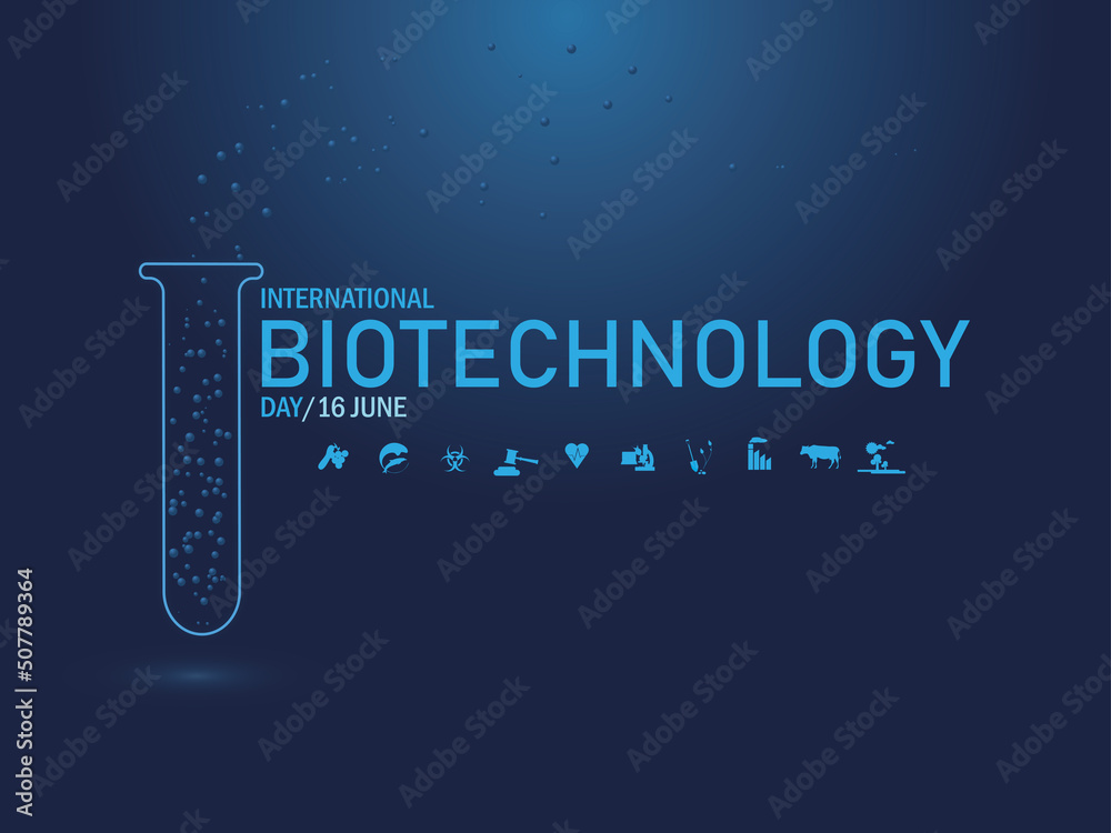 International day of biotechnology, test tube on blue background and ...